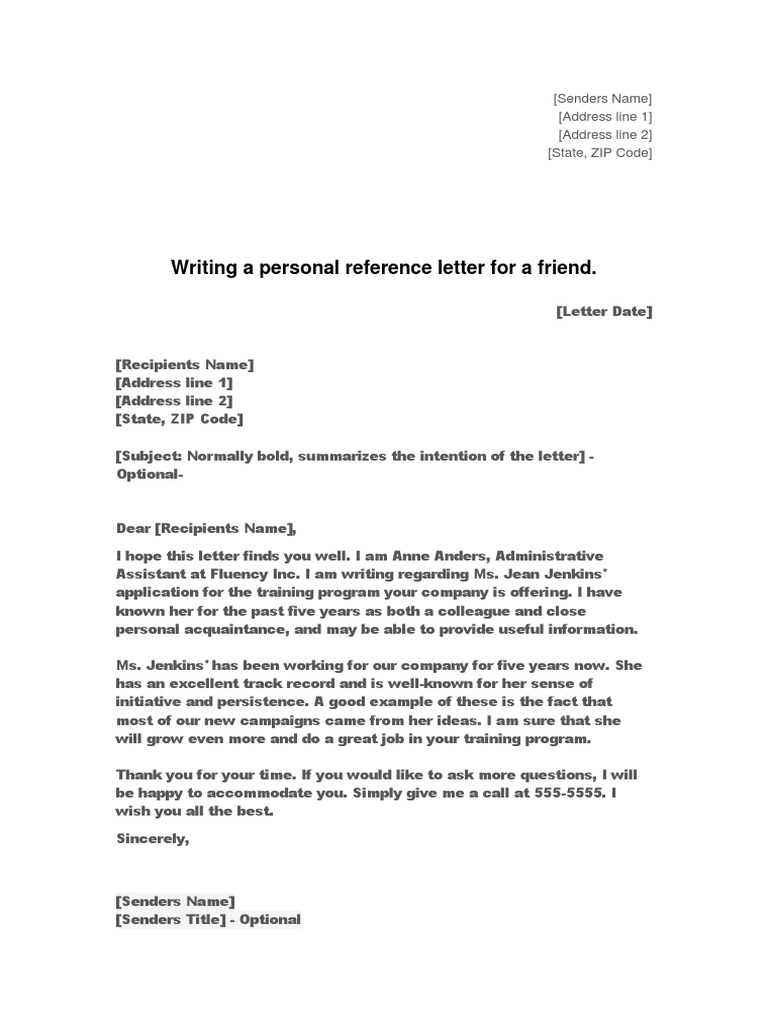 Writing A Personal Reference Letter For A Friend.: (Senders Name ...