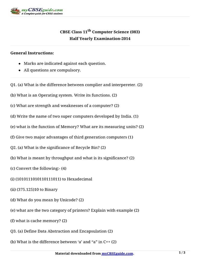 CBSE Class 11 Computer Science (083) Half Yearly Examination-2014 | PDF | Control Flow ...