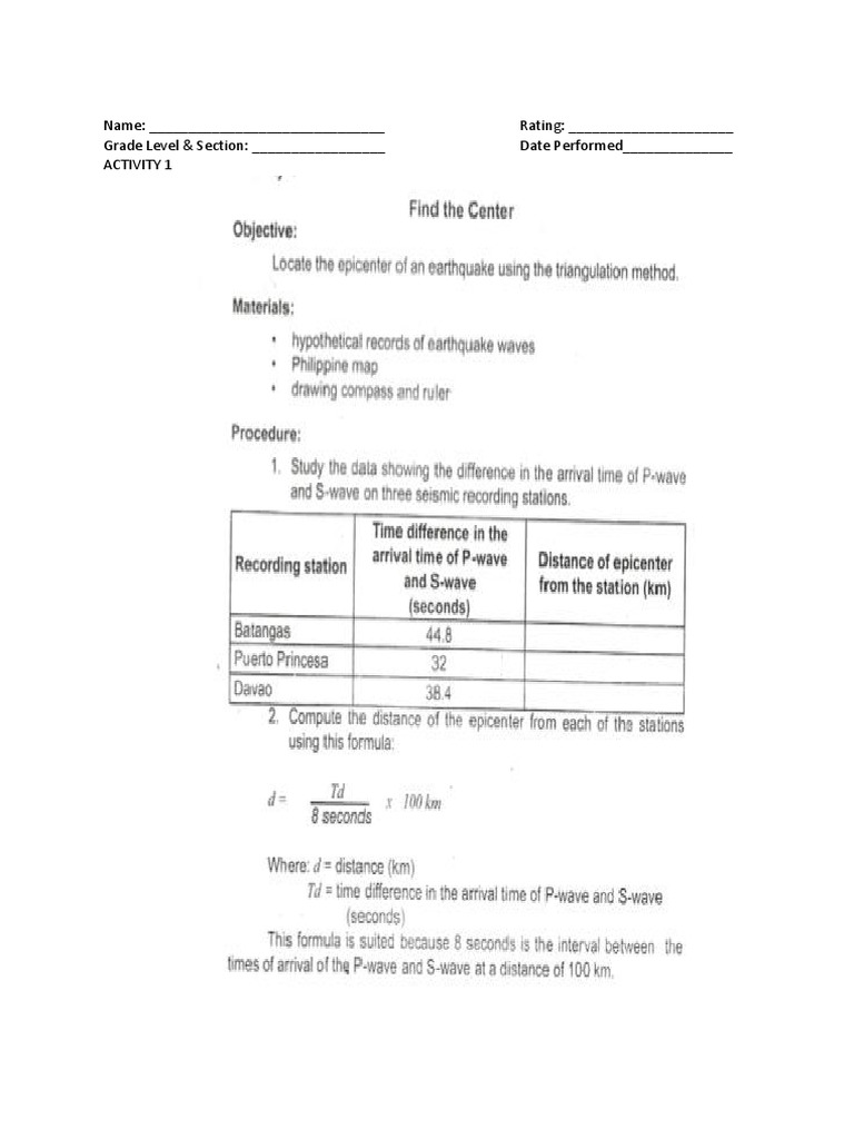 Name: - Rating: - Grade Level & Section: - Date Performed - Activity 1 ...