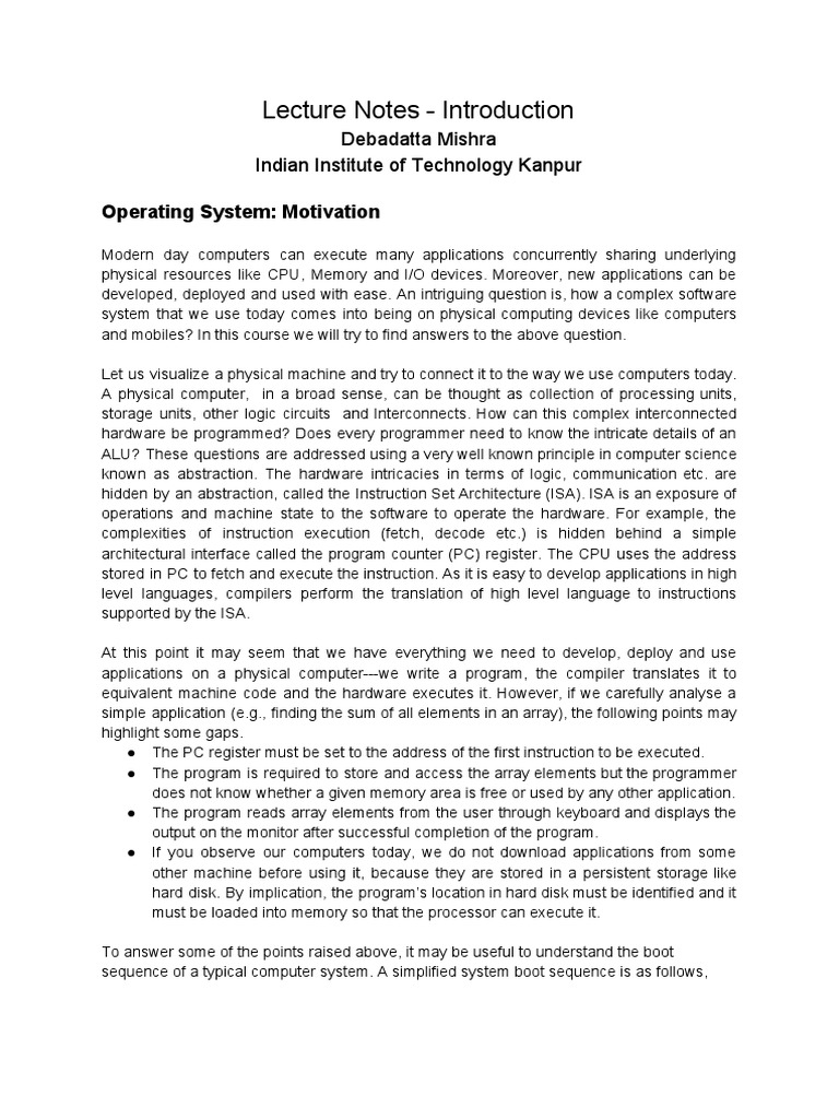 Lecture Notes - Introduction: Operating System: Motivation | PDF ...