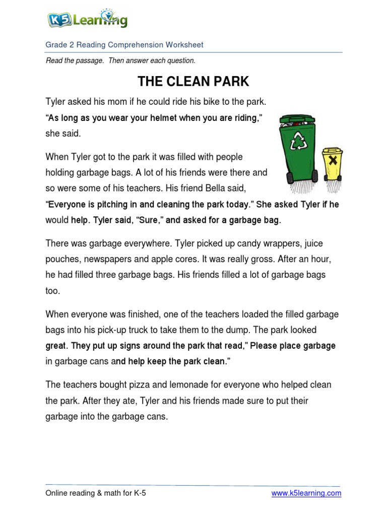 2nd Grade 2 Reading Comprehension Worksheet Clean Park