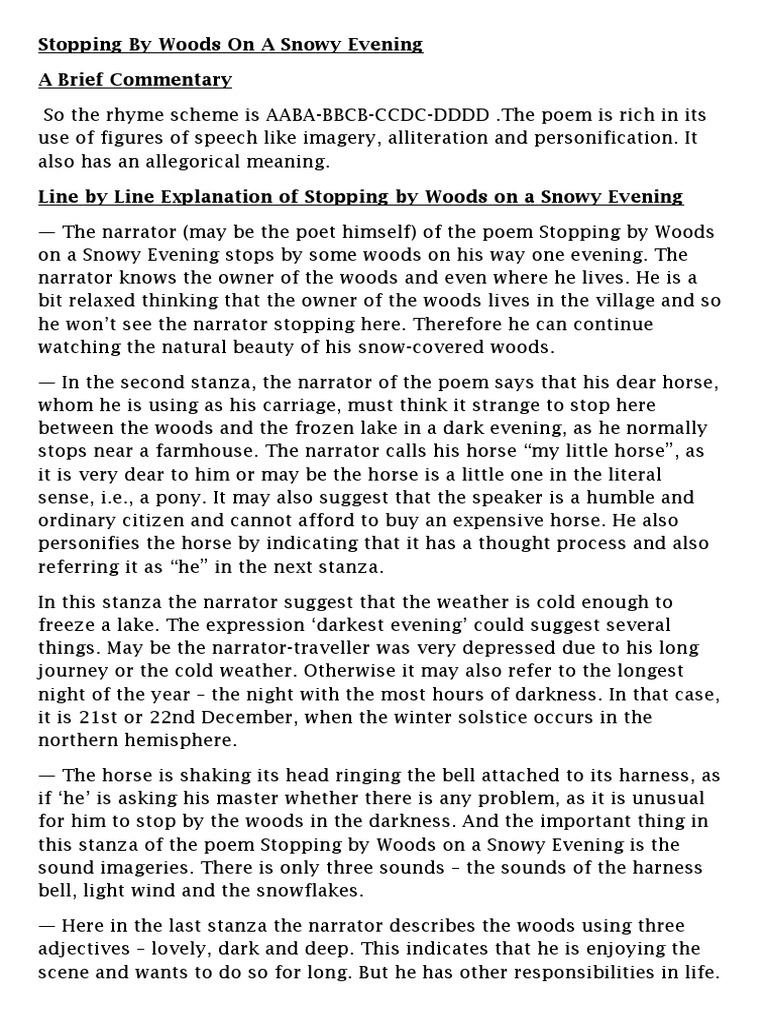 Analysis of Frost's "Stopping by Woods" | PDF | Poetry