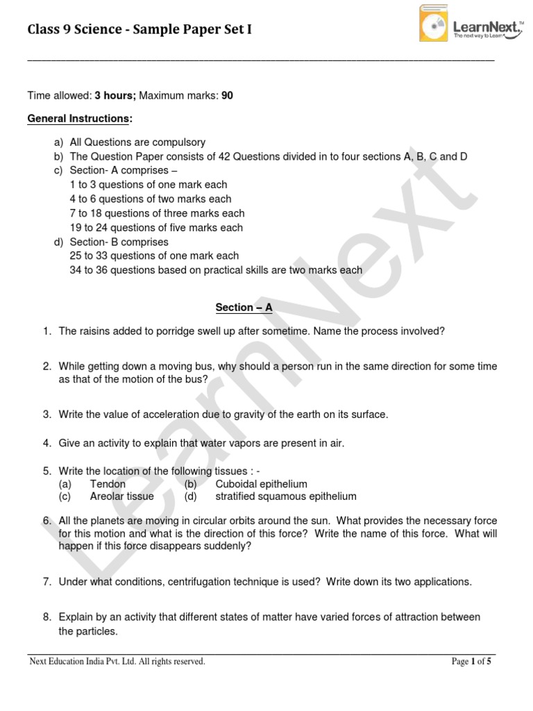 Class 9 Science Set I Sample Papers | PDF | Force | Acceleration