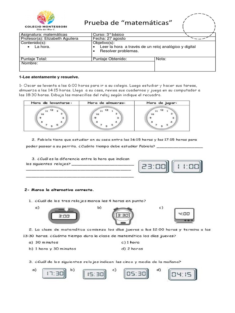 Prueba La Hora 2 Basico | PDF | Métodos y materiales de enseñanza