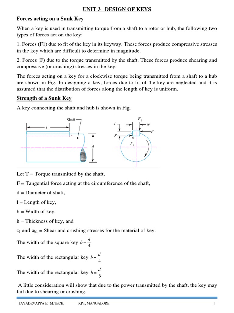 Unit 3 Design of Keys Forces Acting On A Sunk Key | PDF | Stress ...