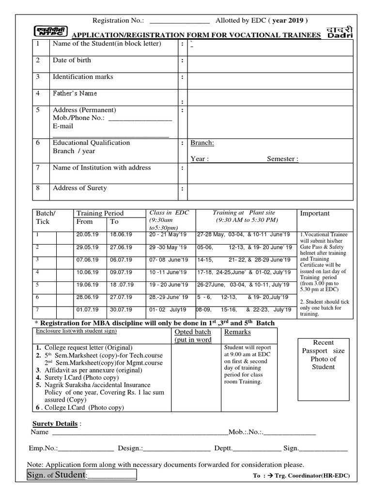 Application/Registration Form For Vocational Trainees: ' | PDF ...