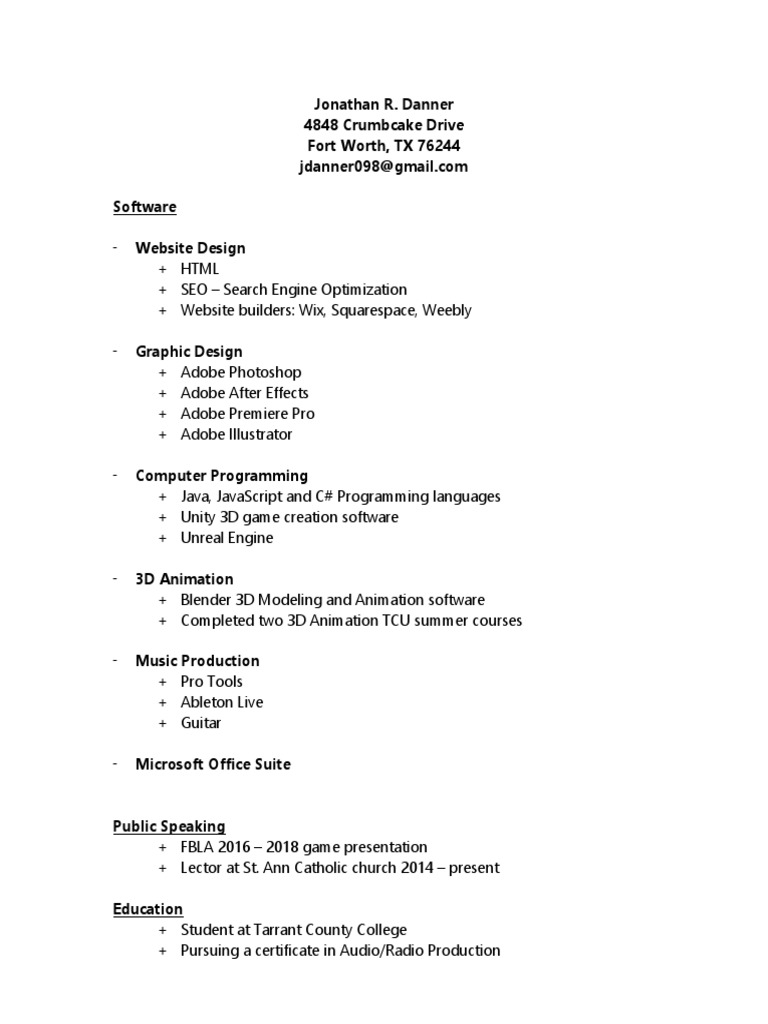 Jonathan R. Danner 4848 Crumbcake Drive Fort Worth, TX 76244 Software ...