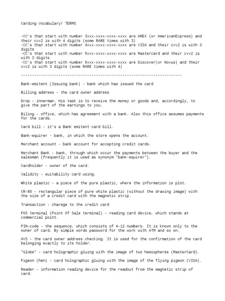 Carding Vocabulary and Understanding Terms | PDF | Payments | Credit Card