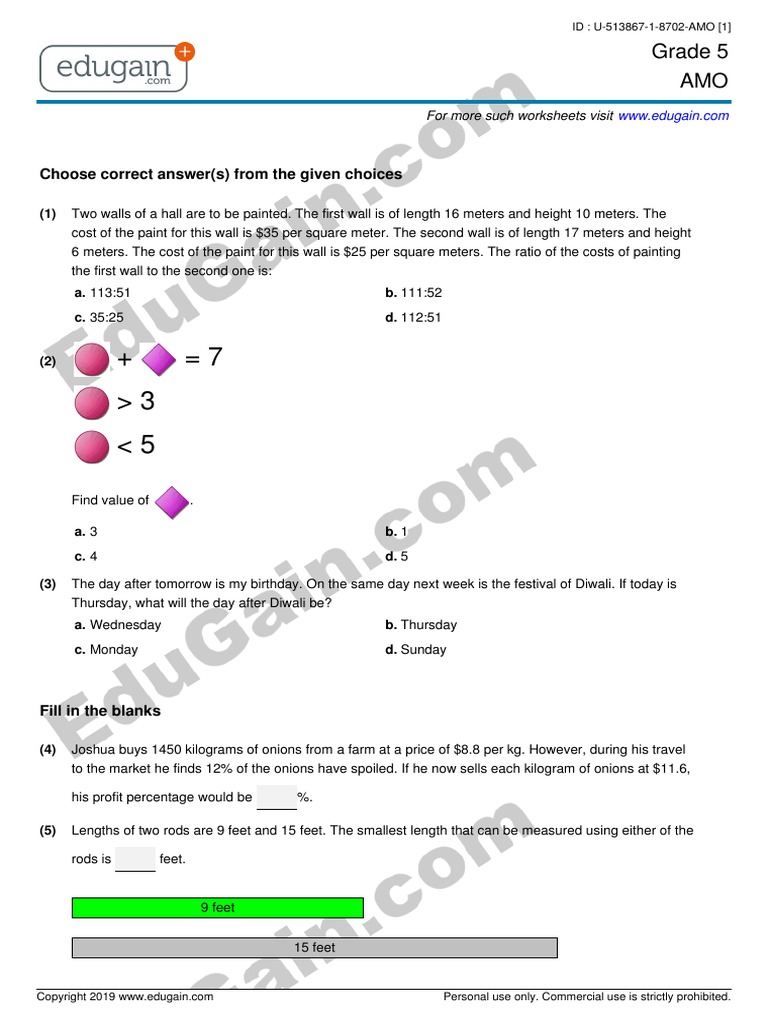 Grade 5 AMO: Choose Correct Answer(s) From The Given Choices | PDF ...