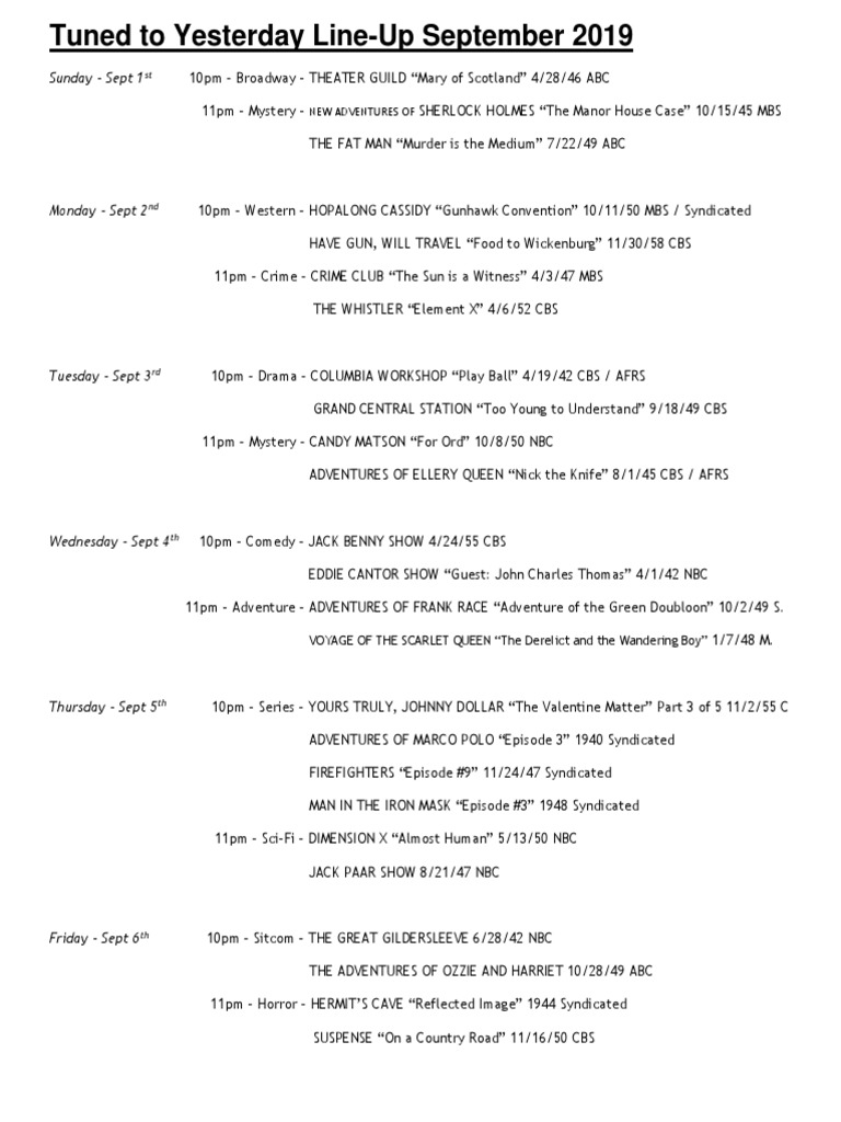 September 2019 Radio Show Schedule | PDF | Cbs | Nbc