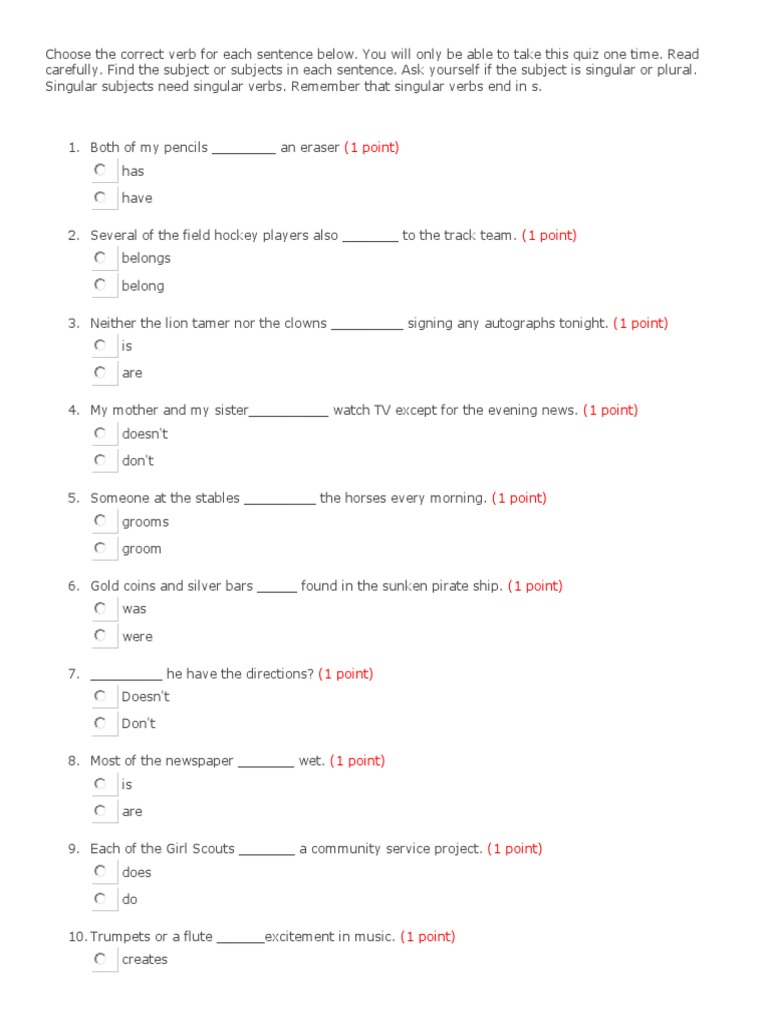 Verb Agreement Quiz for Students | PDF | Language Arts & Discipline