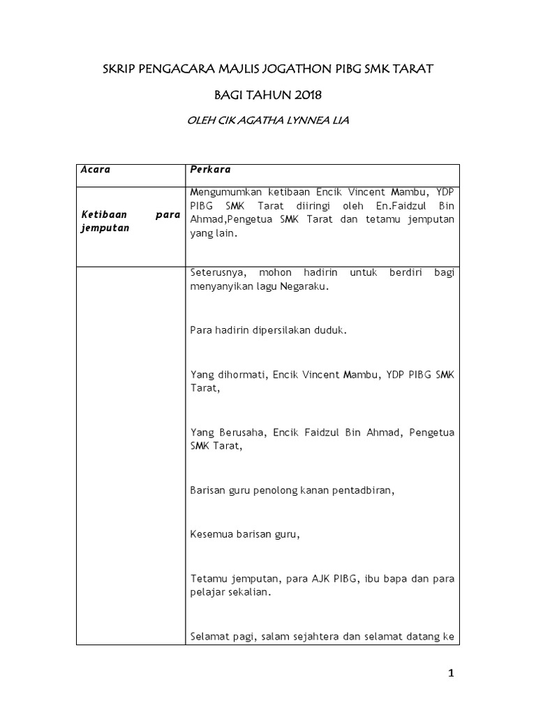 Skrip Pengacara Majlis Jogathon Pibg SMK Tarat 2019 | PDF