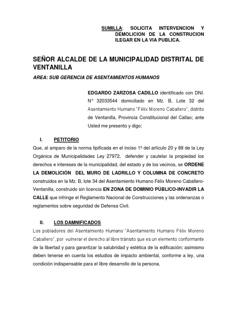 Solicitud Intervencion Sub Gerencia Aa - HH | PDF | Gobierno local | Propiedad