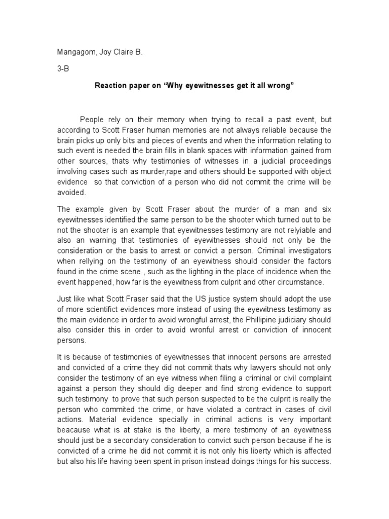 Reaction Paper On "Why Eyewitnesses Get It All Wrong" | PDF