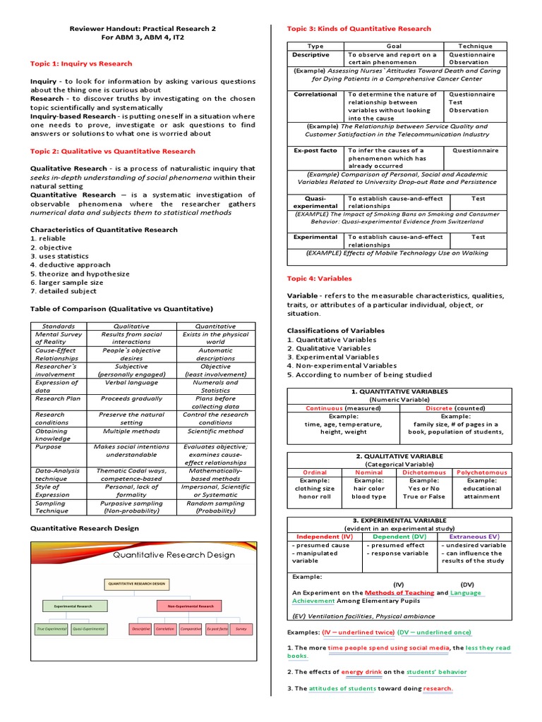 Reviewer Handout PR2 1st Mastery | PDF | Quantitative Research | Statistics