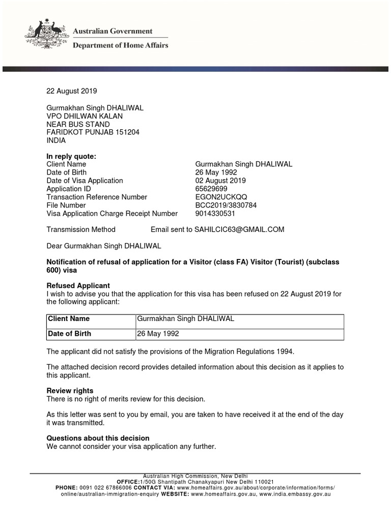 Visitor Visa Refusal under Clause 600.211 | PDF | Travel Visa | Immigration