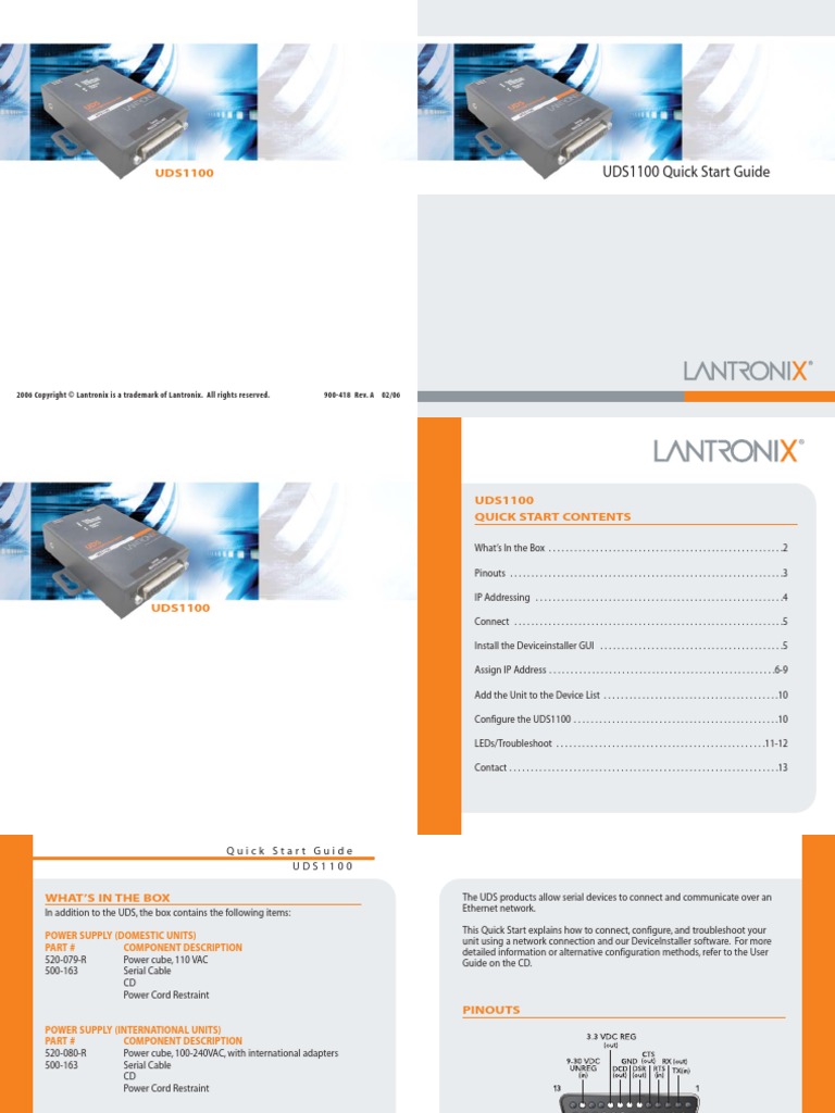 UDS1100 Quick Start Guide: 900-418 Rev. A 02/06 | PDF | Ip Address | Computer Network