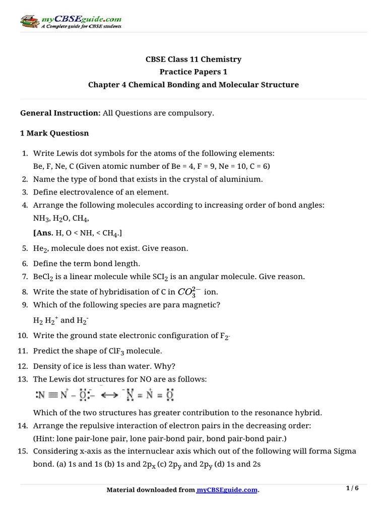 CBSE Class 11 Chemistry Practice | PDF | Covalent Bond | Ion