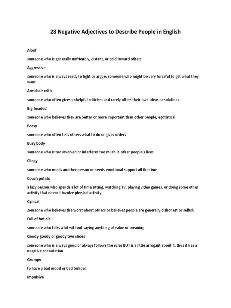 28 Negative Adjectives To Describe People in English | PDF