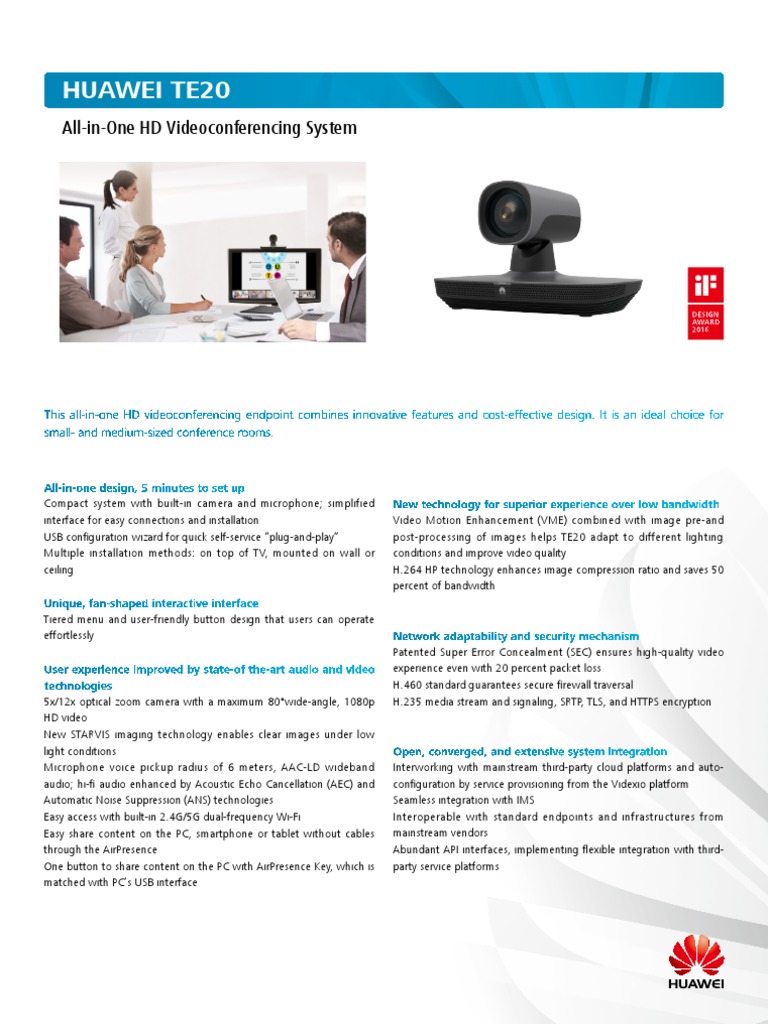 Huawei Videoconferencing HD Endpoint TE20 Datasheet | PDF | Hdmi ...