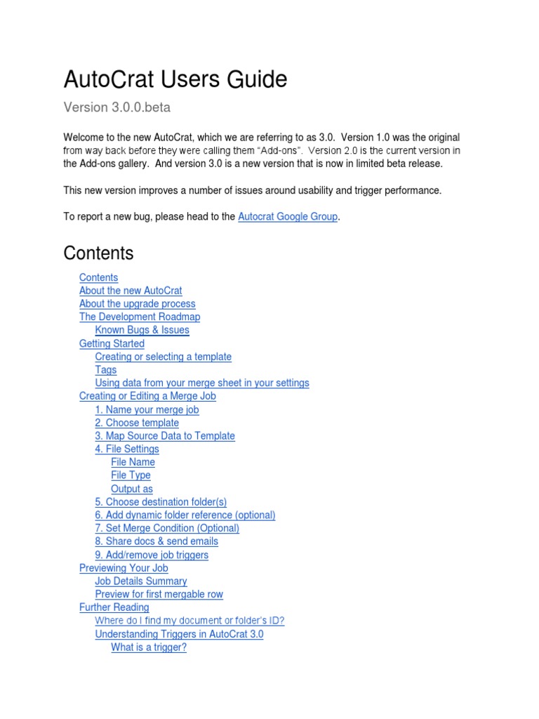 AutoCrat 3.0 Help | PDF | Hyperlink | Spreadsheet