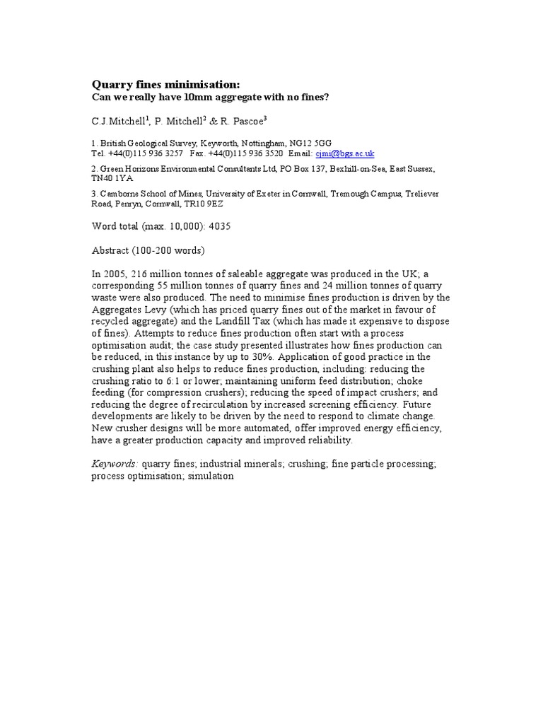 Quarry Fines Minimisation | PDF | Construction Aggregate | Rock (Geology)