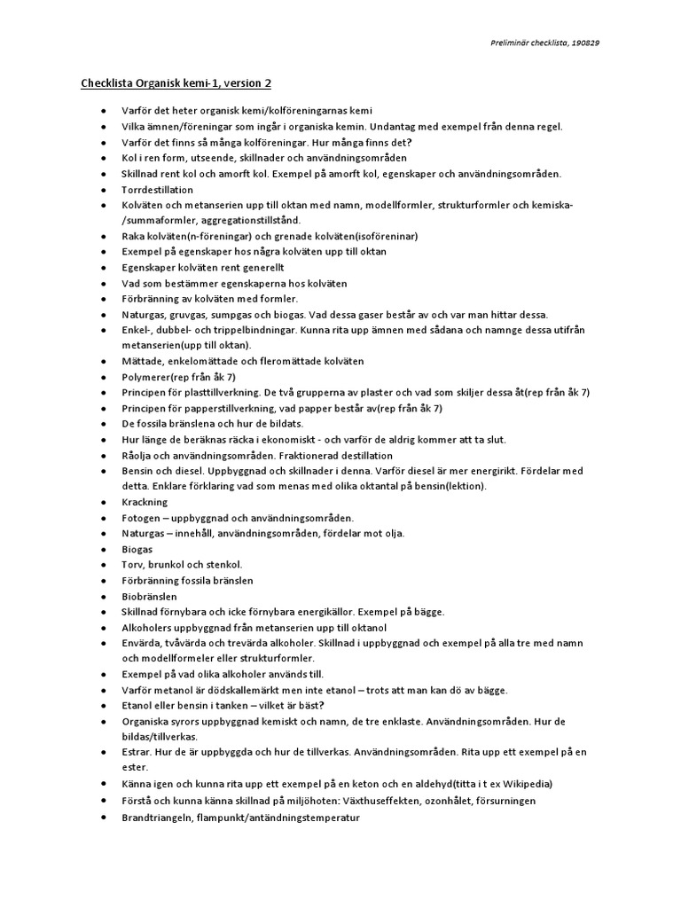 Checklista Organisk Kemi 1 Ver2 190829 | PDF