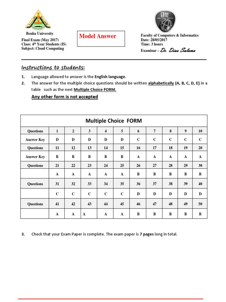 Model Answer: Instructions To Students | PDF | Cloud Computing | Backup
