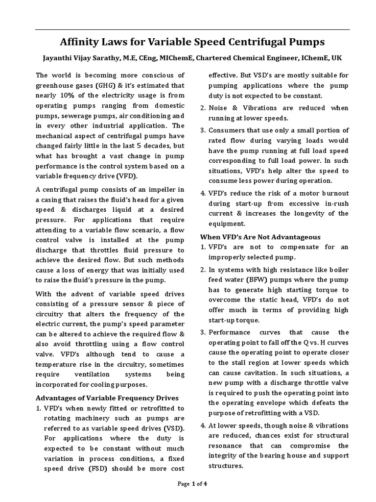 Affinity Laws For Variable Speed Centrifugal Pumps | PDF | Pump | Electric Motor