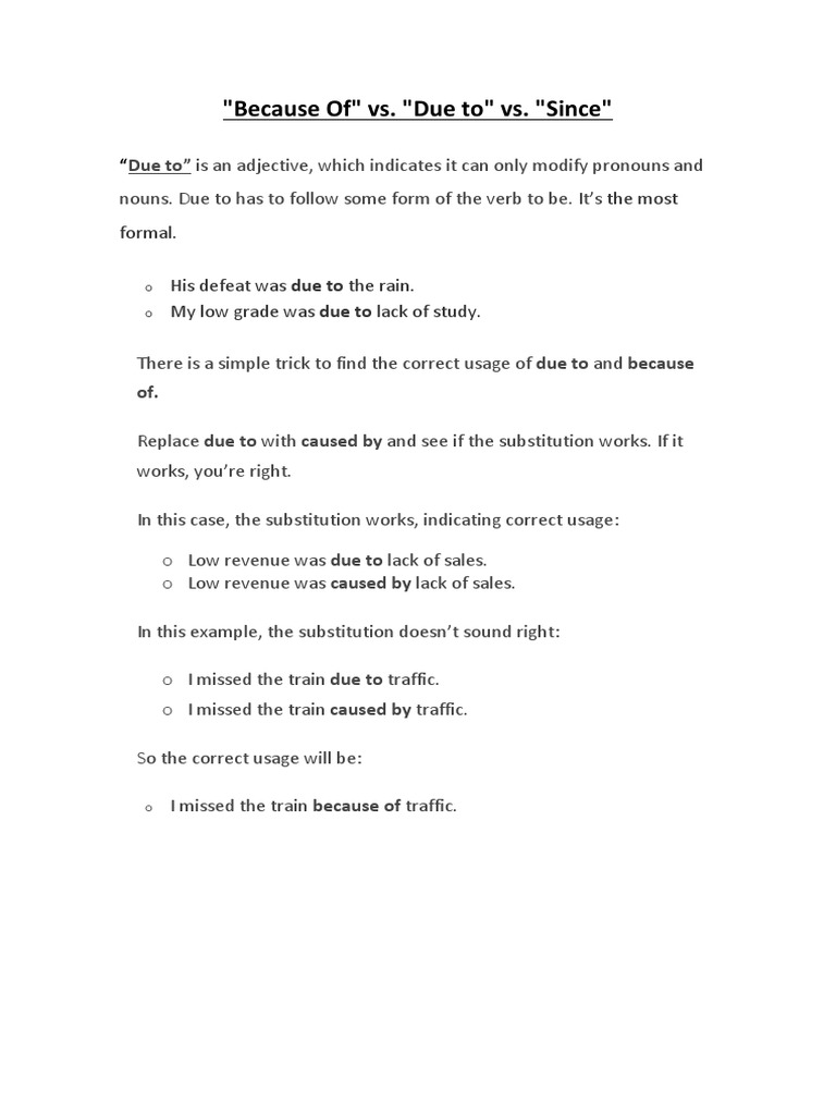 Due To Vs Because of Vs Since | PDF