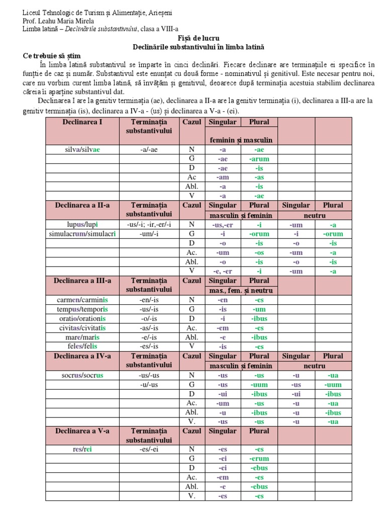 Limba Latina, Declinarile Substantivului