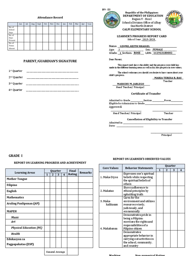 Grade 1 Card | PDF | Psychological Concepts | Behavior Modification