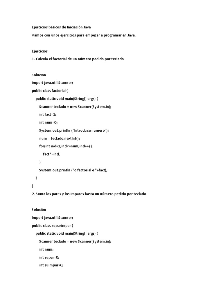 Ejercicios Básicos de Iniciación Java | PDF | Enseñanza de matemática ...