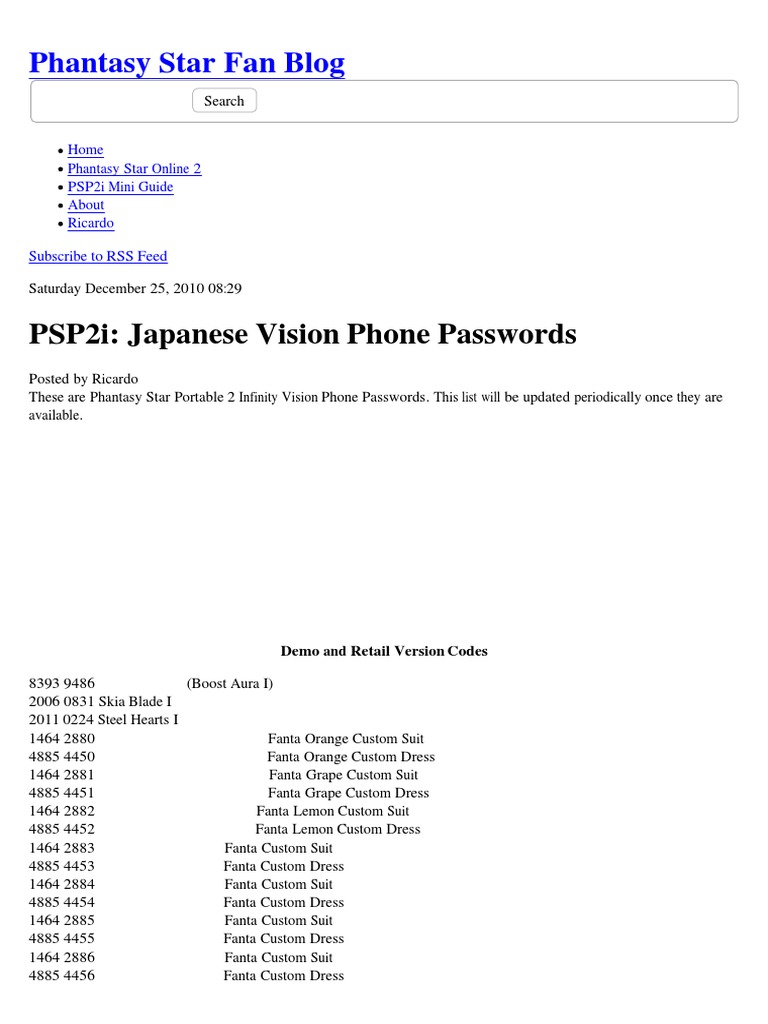 Phantasy Star Portable 2 Infinity Vision Phone Passwords | PDF | Leisure
