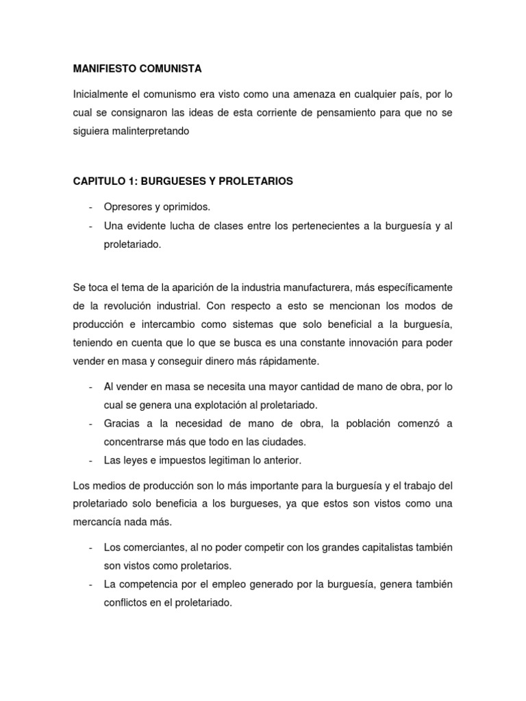 Resumen Del Manifieto Comunista | PDF | Comunismo | Ideologías