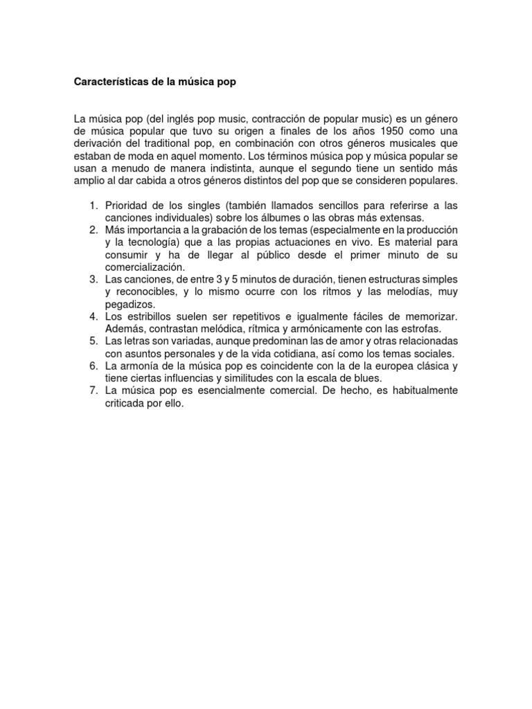 Características Clave de la Música Pop | PDF