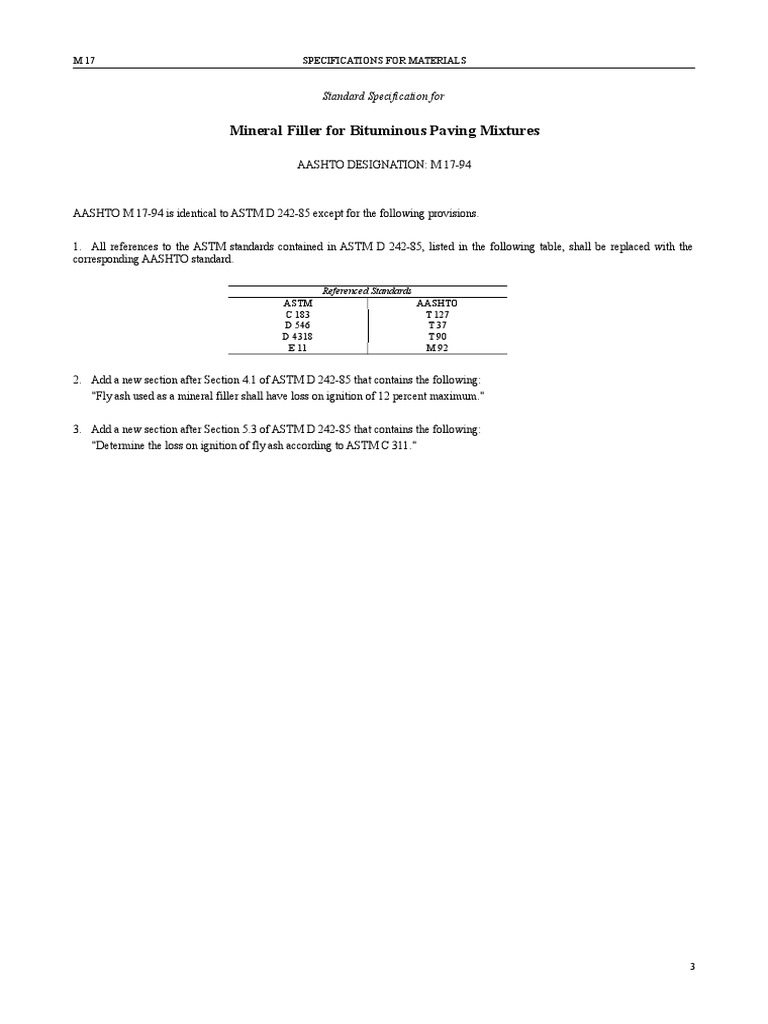 Mineral Filler For Bituminous Paving Mixtures: M17 Specifications For Materials | PDF