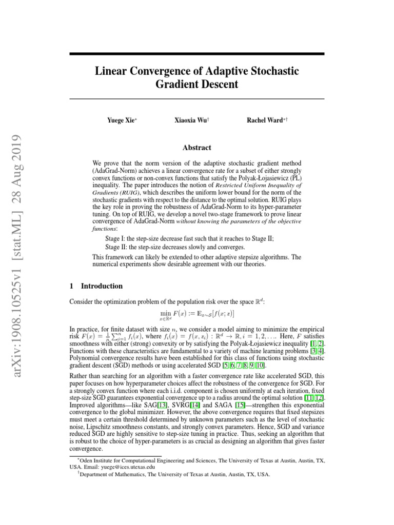 Linear Convergence Of Adaptive Stochastic Gradient Descent Pdf Mathematical Optimization