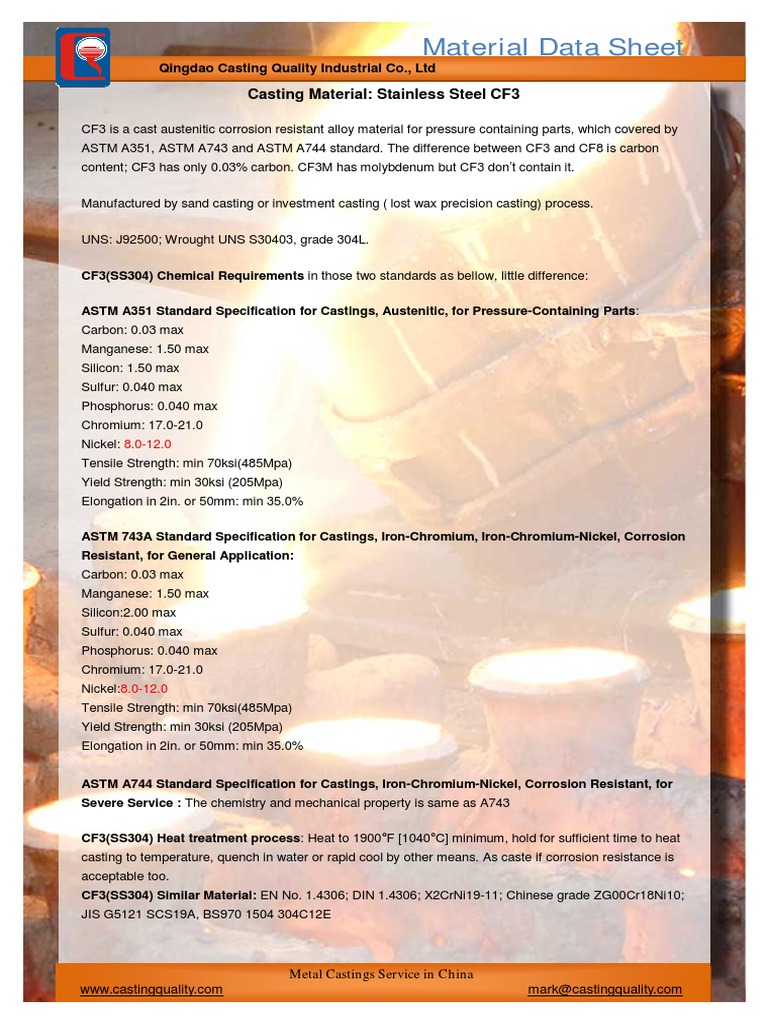 Casting Material CF3 | PDF | Stainless Steel | Heat Treating