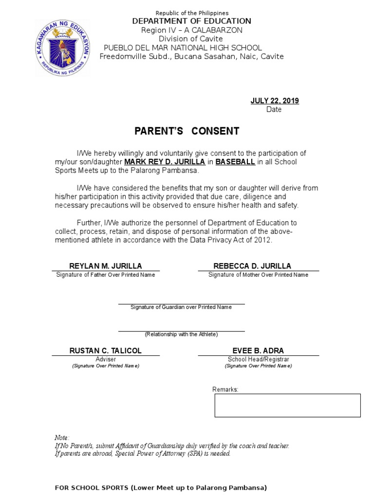 Parent Consent for Student Baseball Participation | PDF | Wellness