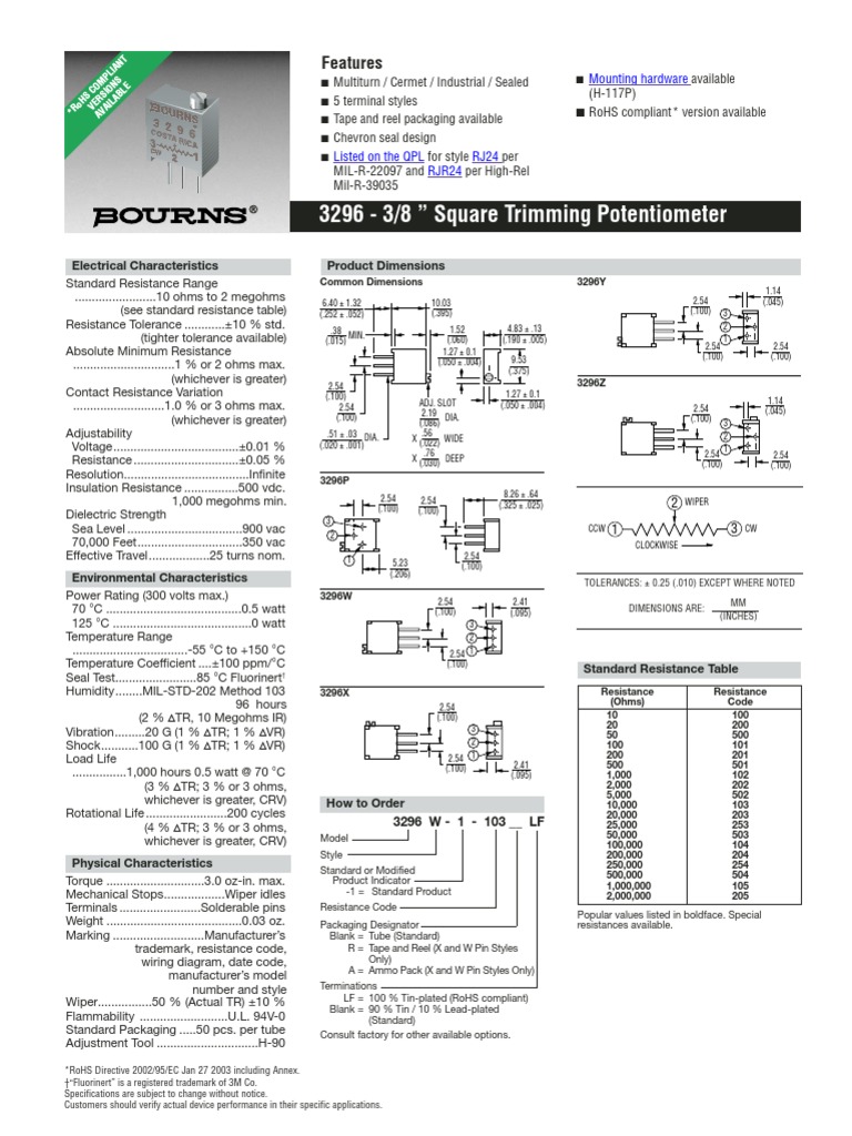 Potentiometer 3296 PDF | PDF | Quantity | Electrical Components
