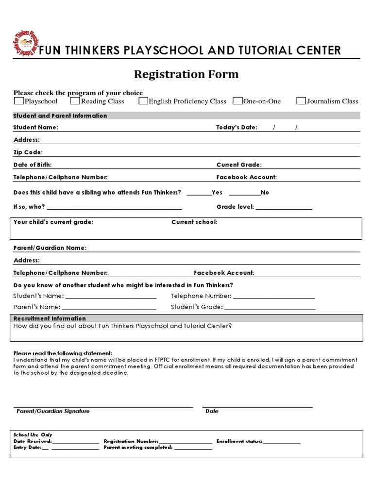 Fun Thinkers Playschool Enrollment Form | PDF