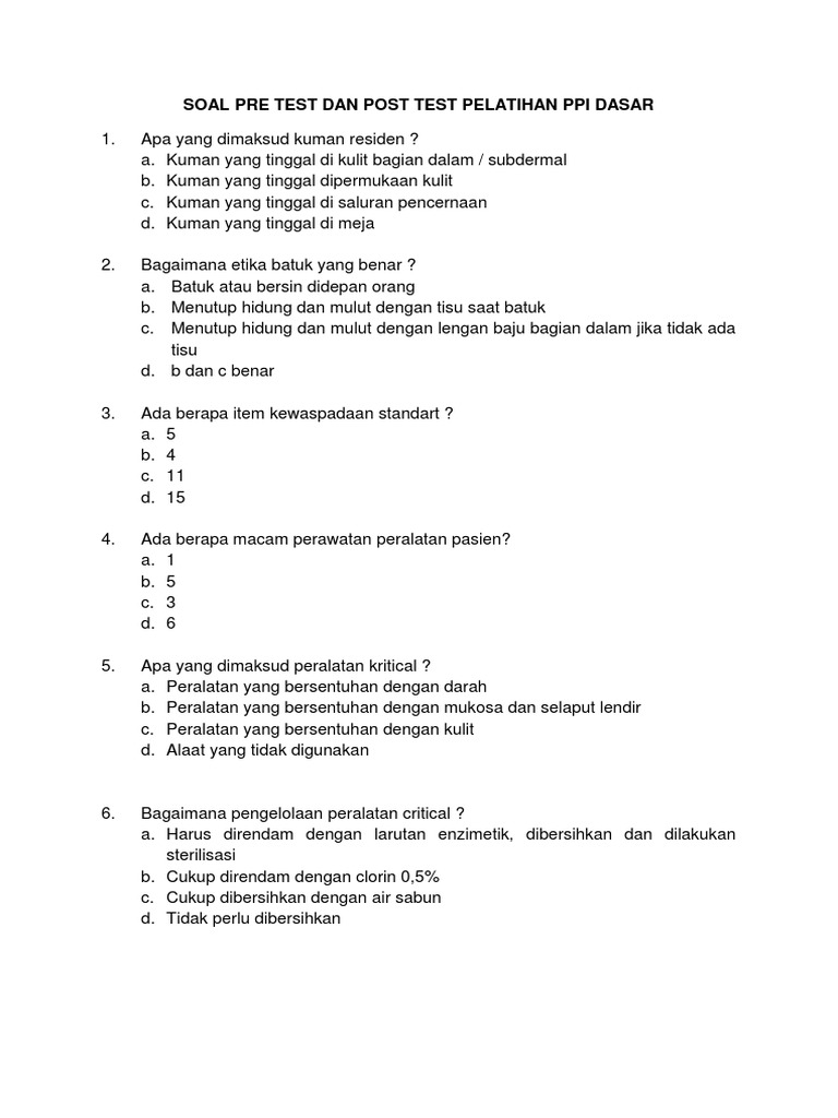 Soal Pre Test Dan Post Test Pelatihan Ppi Dasar | PDF