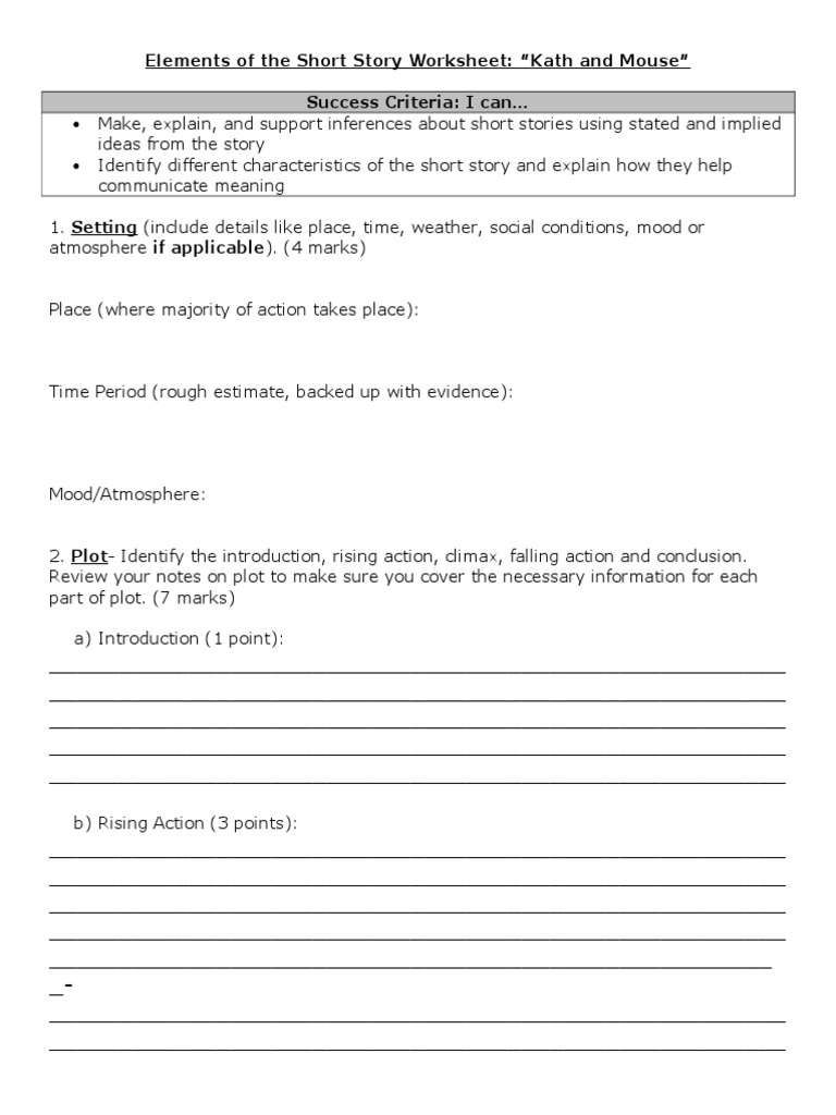 Lesson 13 Elements of The Short Story Worksheet Kath and Mouse | PDF ...