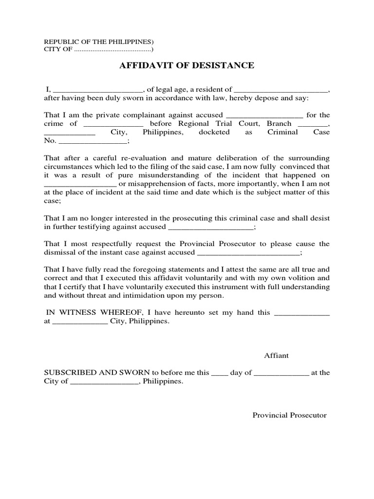 Affidavit of Desistance | PDF | Affidavit | Prosecutor