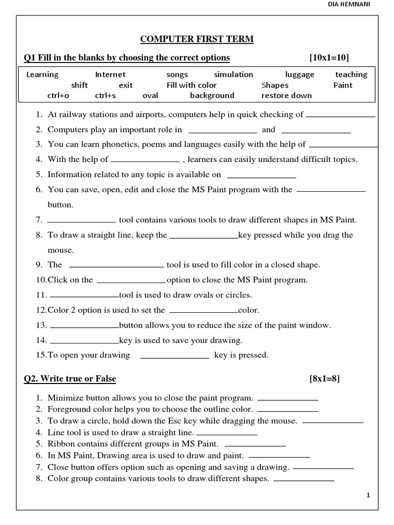 Computer First Term Q1 Fill in The Blanks by Choosing The Correct Options (10x1 10) | PDF ...