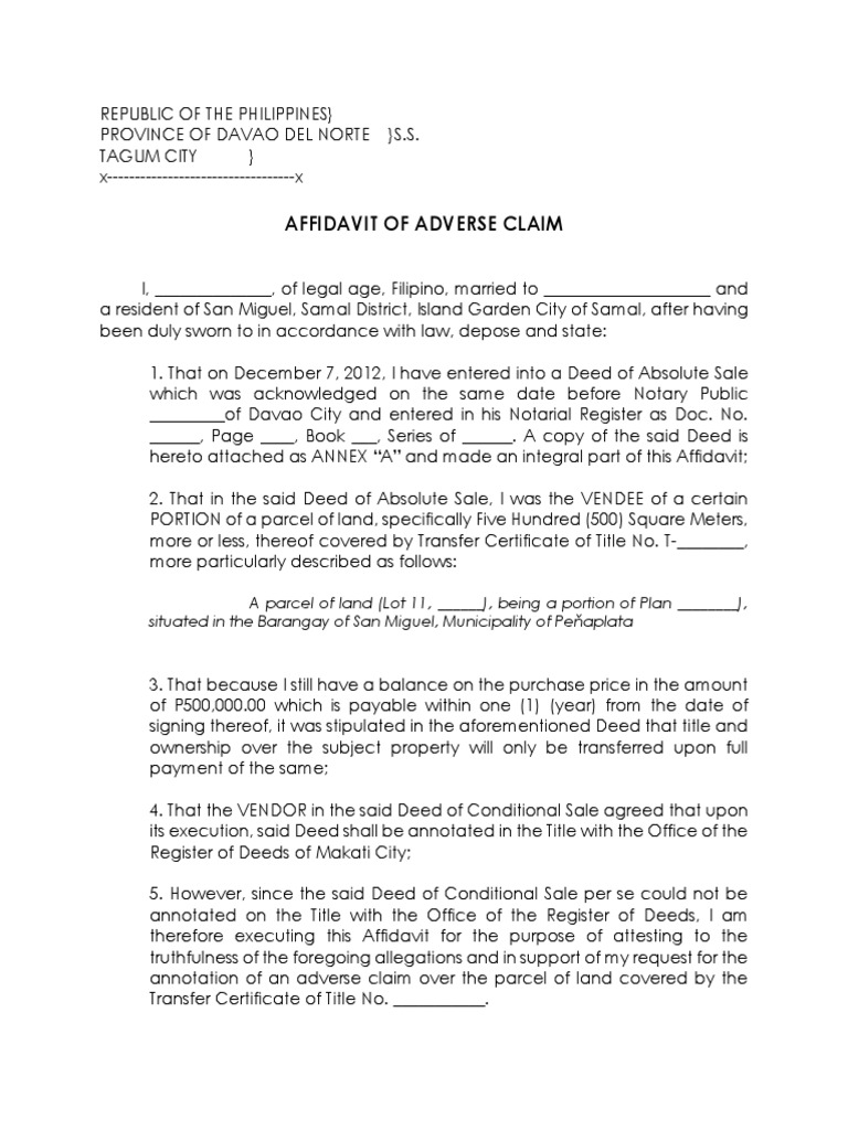 Affidavit of Adverse Claim | PDF | Deed | Affidavit