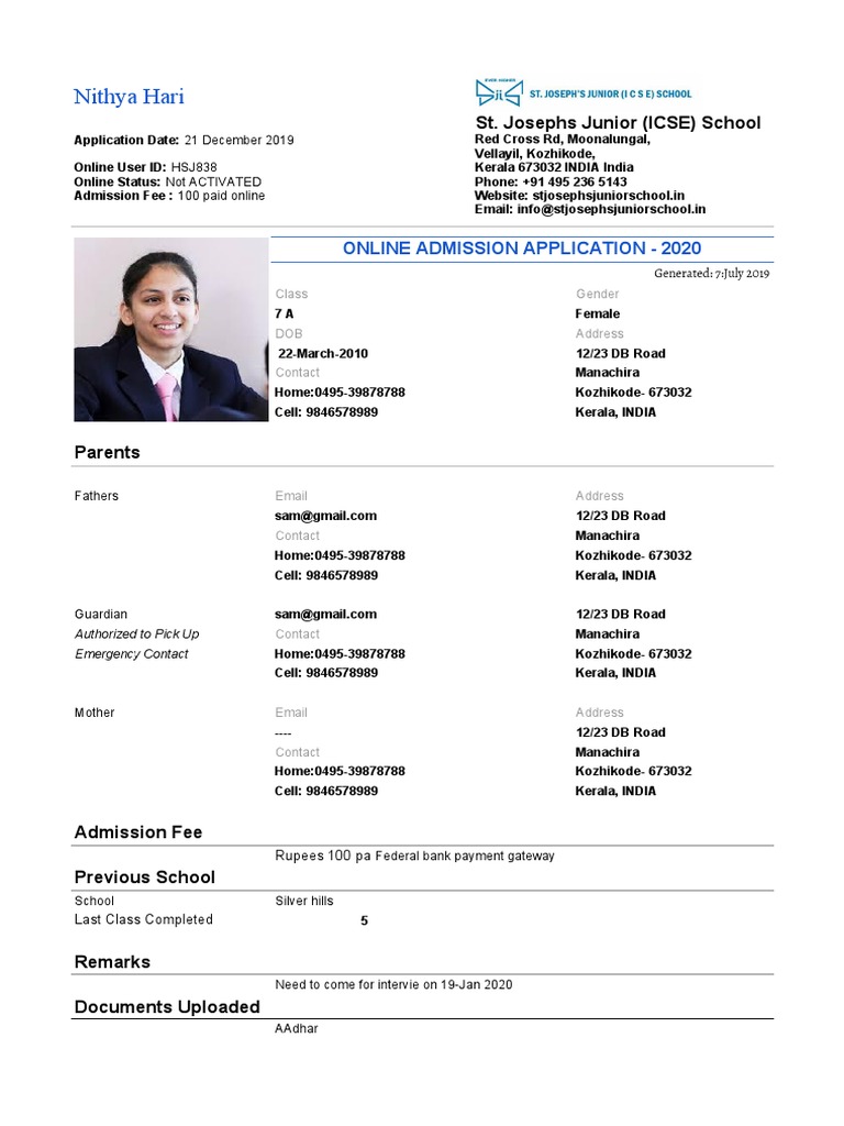 Application for admission to class 7A at St. Josephs Junior (ICSE ...