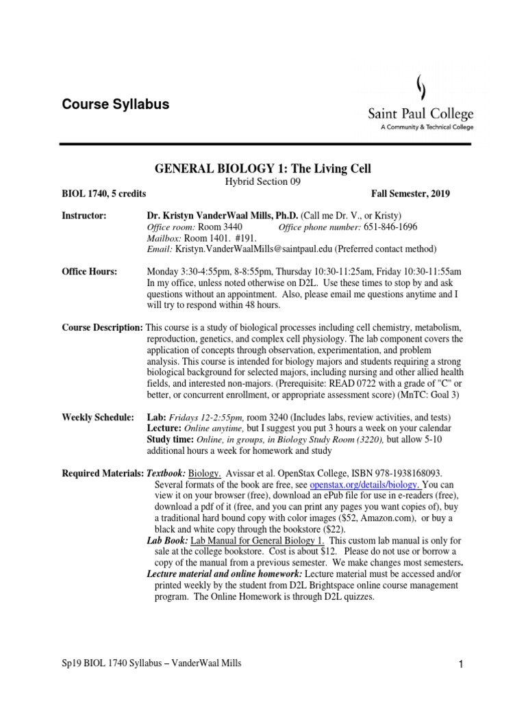 General Biology 1 Syllabus - Fall 2019 | PDF | Homework | Academic ...