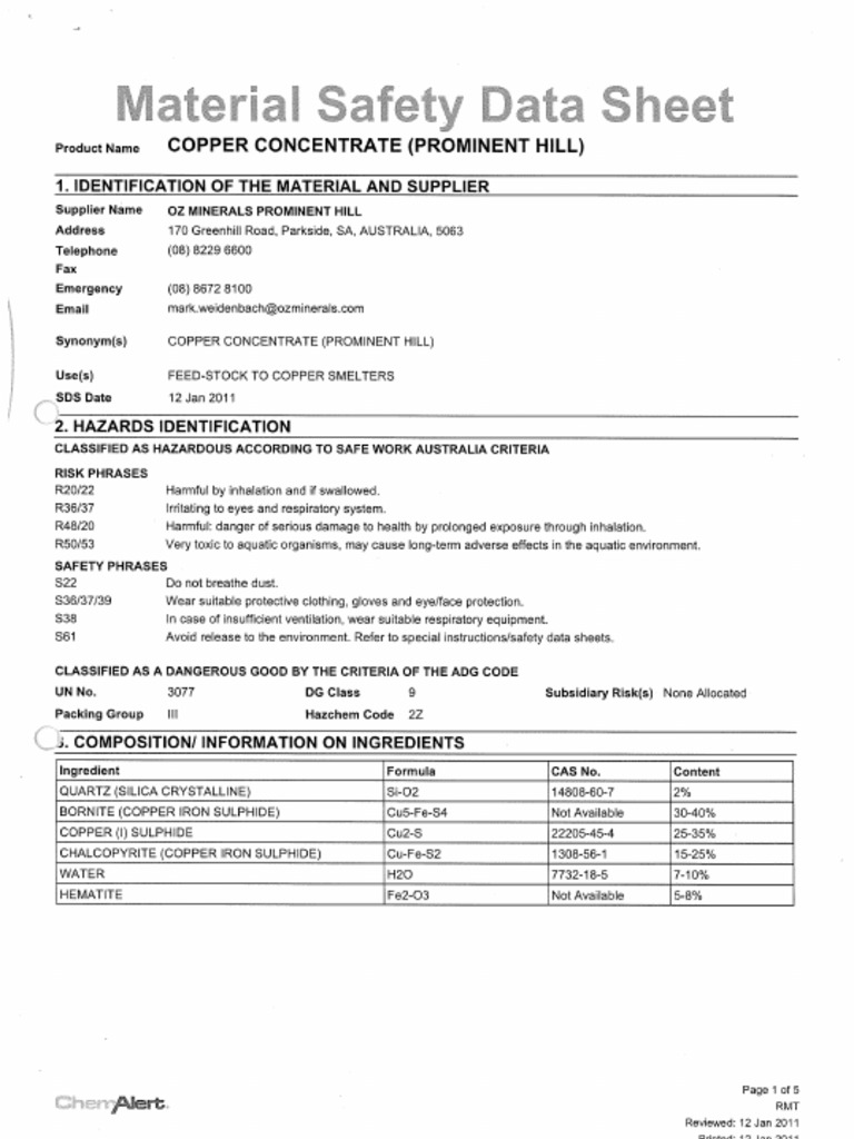 MSDS Copper Concentrate Prominent Hill PDF | PDF | Personal Protective ...